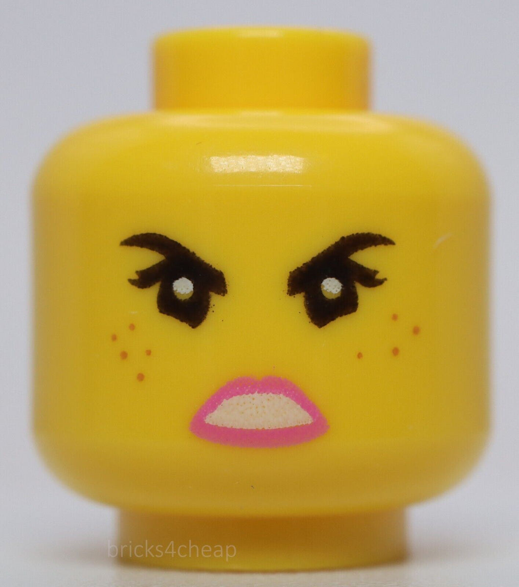 Lego Yellow Minifig Head Female Black brows Freckles Eyelashes Pink Li ...